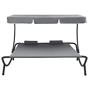 vidaXL Outdoor Double Chaise Lounge, Patio Lounge Bed with Canopy and Pillows, Outdoor Daybed Lounge Chair for Backyard Pool Lawn, Gray