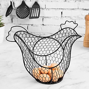MyGift Black Metal Chicken Shaped Egg Gathering Basket Holder, Farmhouse Kitchen Décor Countertop Storage Basket