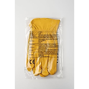 OZERO Leather Work Gloves Flex Grip Stretchable Tough Cowhide Work Gloves 1 Pair (Gold, Medium)