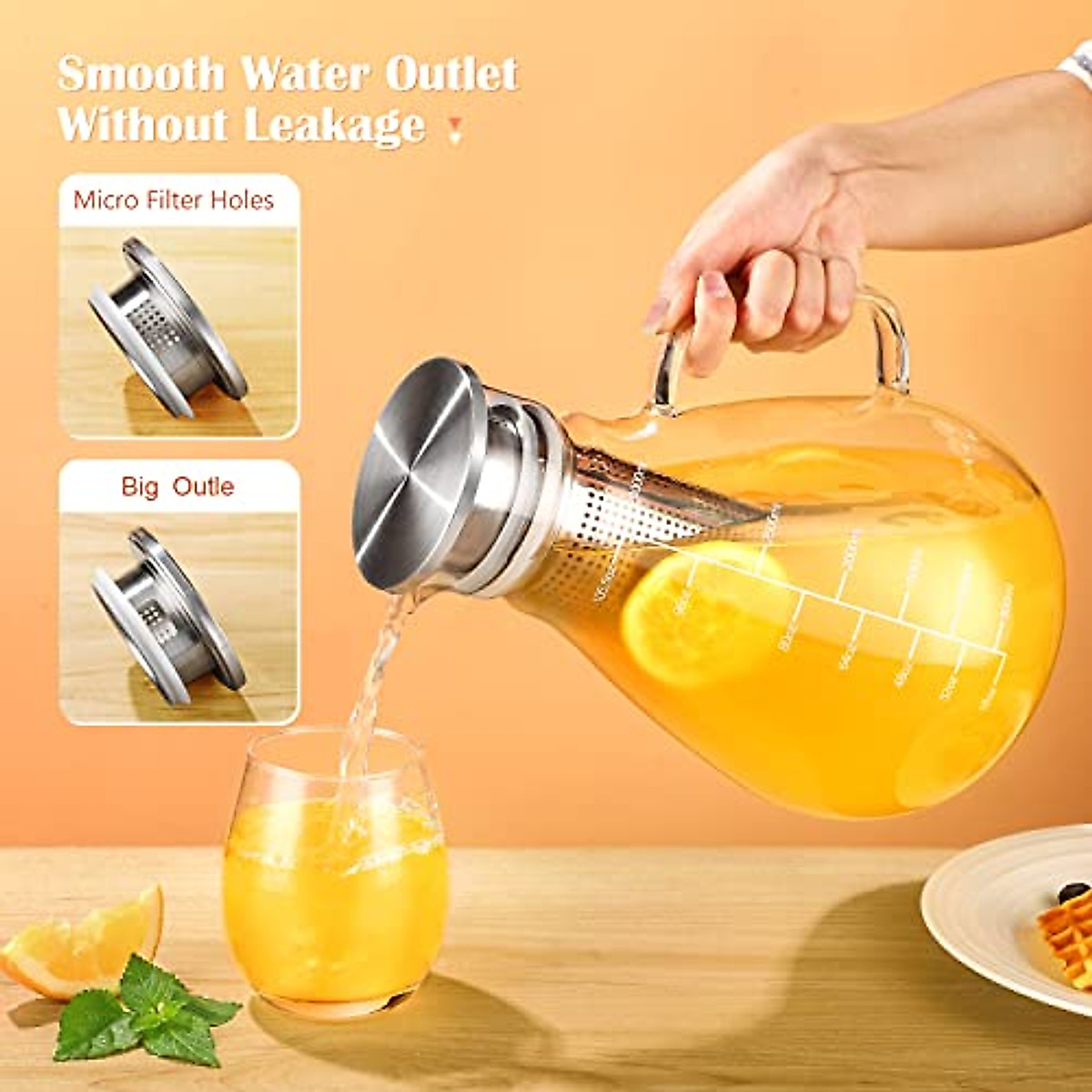 Glass Pitcher with Lid & Removable Fruit Infuser Filter, 105.6OZ Glass Fruit Infuser Water Pitcher with Precise Scale Line & Mix Spoon, HOUSALE 18/8 Stainless Steel Lid Iced Tea Pitcher Easy to Clean