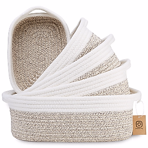 NaturalCozy 5-Piece Rectangle Storage Basket Set- Natural Cotton Rope Woven Baskets for Organizing! Small Basket for Montessori, Baby Nursery, Dog Toy Baskets, Cat Toy Box, Bathroom Organization Bin