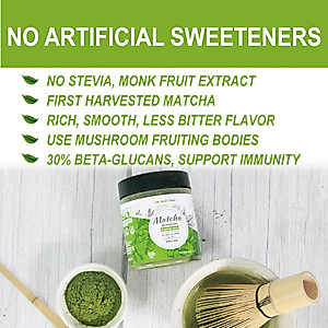 Mushroom Matcha Powder, Unsweetened, Mixed with Six Mushroom Extracts and Ceremonial Grade Matcha Green Tea, 24 Servings