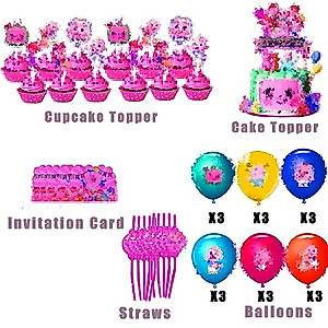 Pink Cartoon Party Decorations, Pink Cartoon Party Supplies Pack Flatware, Banner, Plates, Cups, Napkins, Cake Topper, Tablecloth, Balloons Birthday Party Favor Pack Set for Boy and Girl