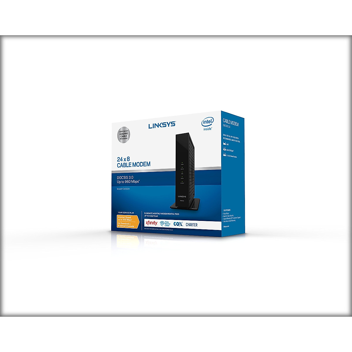 Linksys CM3024 High Speed DOCSIS 3.0 24x8 Cable Modem, Certified for Comcast/Xfinity, Time Warner, Cox & Charter (Modem Only, No Wifi Functionality)