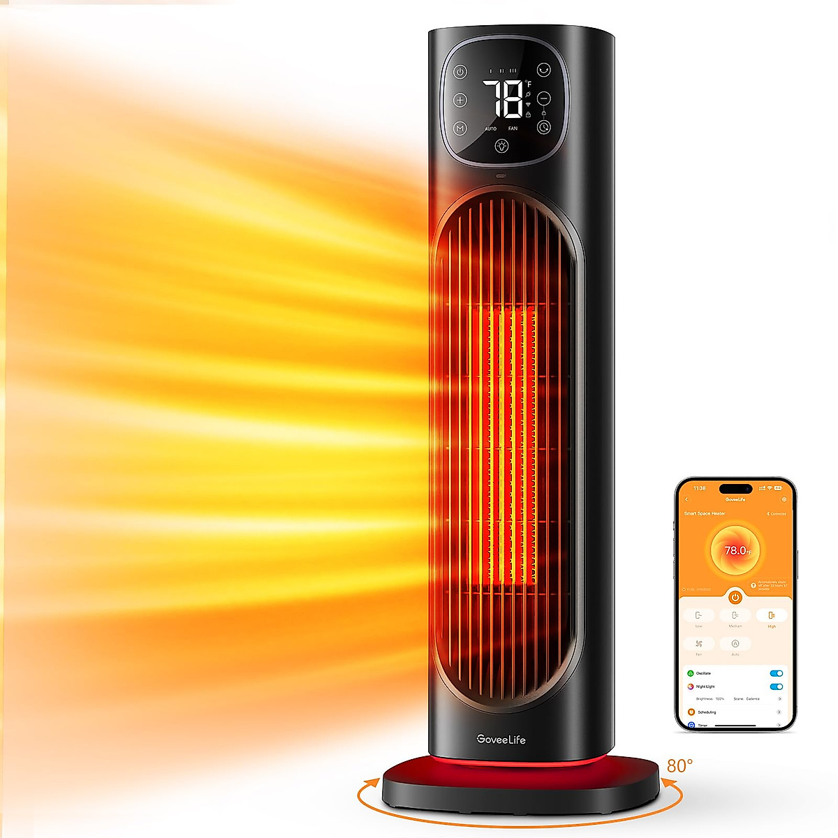 GoveeLife 24" Space Heater, 80° Oscillating Smart Electric Heater with Thermostat, WiFi APP & Voice Control, 4 Mode, 24H Timer, Night Light, 1500W Tower Ceramic Heater for Indoor Use, Large Room