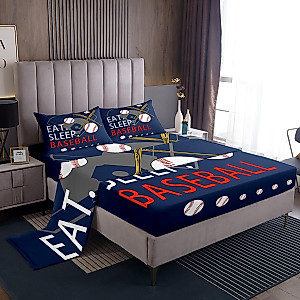 Feelyou Kids Baseball Gaming Sheet Set Twin Size Navy Blue Bed Sheets for Boys Girls Teens Bedroom Decor Softball Bed Set Women Men Ball Games Sheets,1 Fitted Sheet+1 Pillow Sham+1 Flat Sheet