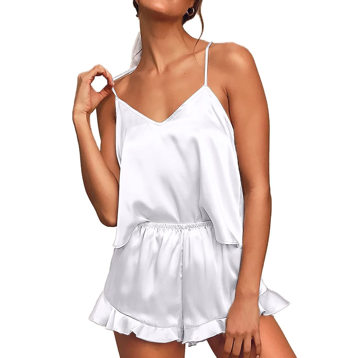 CHYRII Womens Ruffled Silk Sleepwear Racerback Cami Shorts Pajamas Sets Camisole Nightwear White XL
