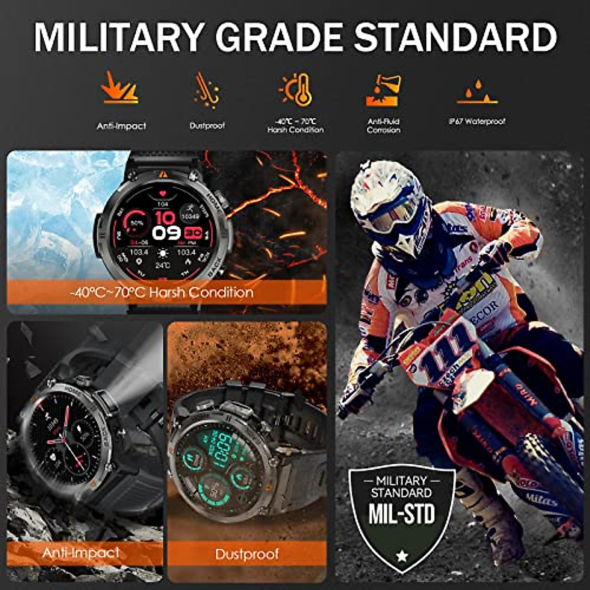 Military Smart Watch for Men with LED Flashlight 1.45” Rugged Waterproof Smart Watch with 100+ Sports Modes Fitness Tracker with Heart Rate Sleep Monitor Tactical Smartwatch for iPhone Samsung