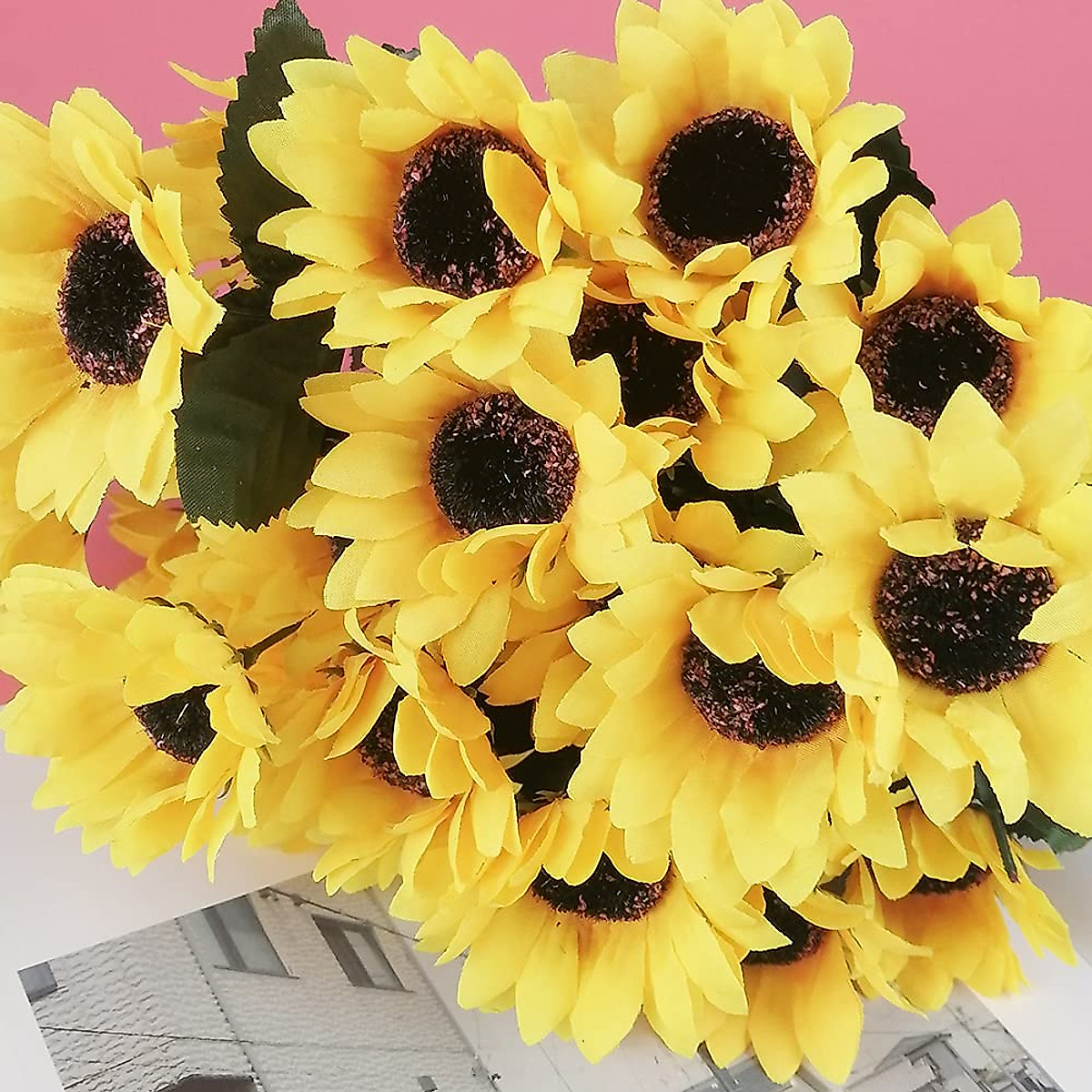 Hangnuo 4 Pack Artificial Sunflower Bouquets with Stems Silk Sunflowers Leaves Fake Sun Flower for Home Officce Parties Bridal Wedding Garden Decoration Each Bunche with 7 Heads