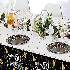 50th Birthday Decorations, 1pcs Black and Gold Happy Birthday Tablecloth for Men Women, Plastic Disposable Rectangle Table Cover for Birthday Party Decor- 54" x 108"
