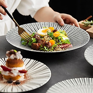 Dinner Plates Set Ceramic Dinner Plate Western Food Chinese Dinner Plate Home Kitchen Restaurant Plate Round Stripe Flat Plate Dessert Fruit Tray Kitchen Salad Bowl ( Color : A , Size : 8.27in )