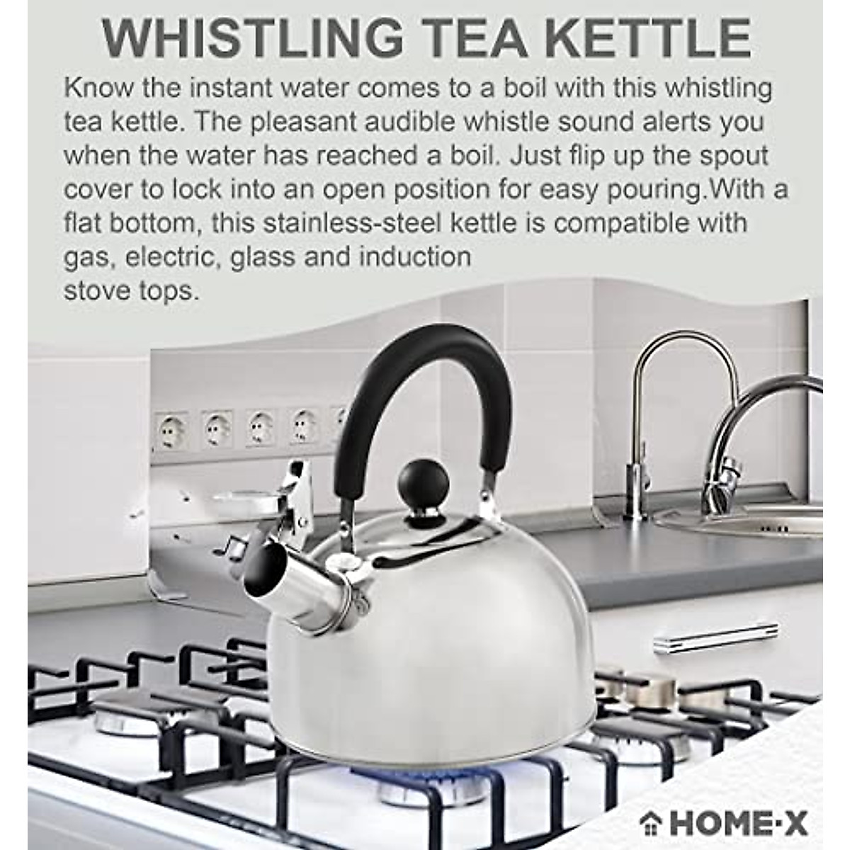HOME-X Shiny Whistling Kettle, Stainless-Steel Stovetop Tea Kettle, Whistling Water Boiler, Large 2 Liter Capacity,8 ¾” L x 7" W x 8 ¼”, Polished Stainless-Steel