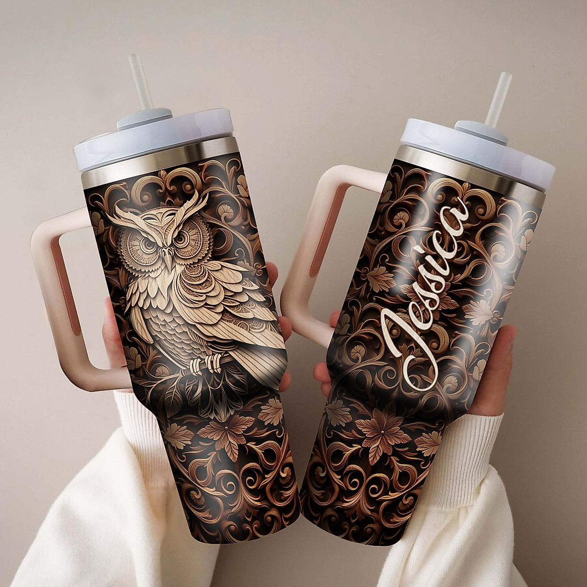 WAZONE Personalized Owl Tumbler Insulated Cup With Lid Wooden Drawings Tumbler 40oz with Handle and Straw Coffee Travel Mug Custom Name Gifts Themed Animal For Men Women Teen Owls Lover