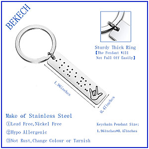 BEKECH ASL Jewelry Gifts I Love You in Braille Engraved Keychain Hand Sign Language Jewelry Gift for Her Him Wife Husband (silver)