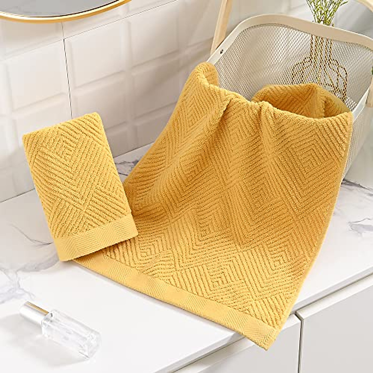 sense gnosis Yellow Hand Towels Set of 2 Striped Weave 100% Terry Cotton Towel Super Soft Highly Absorbent Face Towel for Bathroom 13" X 29"
