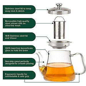 VAHDAM, 33 oz - Glass Teapot with Removable Infuser & Lid | Stovetop Safe Tea Kettle | Blooming & Loose Leaf Tea Infuser | Scratch Resistant, Microwave Safe Tea Steeper