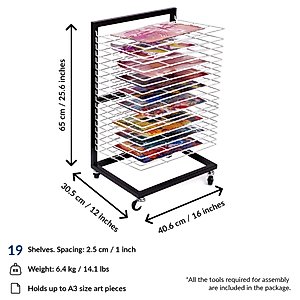 ODOXIA Art Drying Rack for Classroom | Functional & Mobile Paint Drying Rack | 19 Removable Shelves | Canvas Rack Art Storage | Painting Drying Rack with Wheels | Stack Rack for Painting, and More