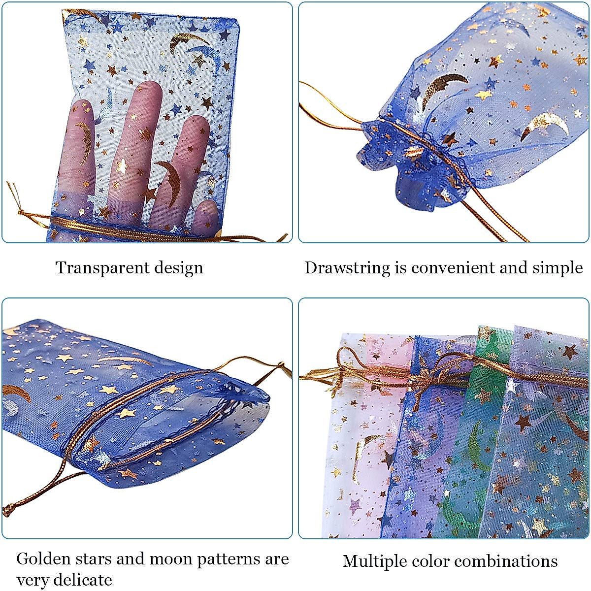 yuntop 100Pcs Moon Star Organza Jewelry Candy Pouch, Gift Bags Pouches for Wedding Party Valentine's Day (Mixed Color, 3.5 x 4.7 inch)