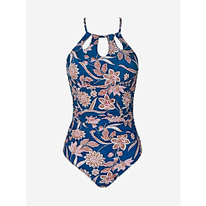 CUPSHE Women Swimsuit One Piece Tummy Control Ruched Self Tie Cutout Floral Bathing Suit, L