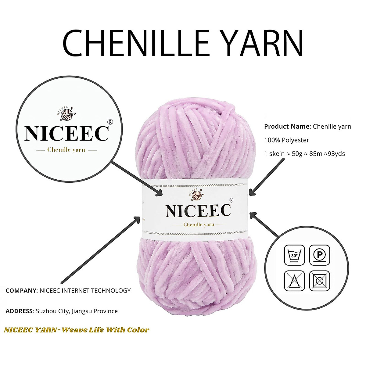 NICEEC 3 Skeins Soft Chenille Yarn Blanket Yarn for Knitting Fancy Yarn for Crochet Weaving DIY Craft Total Length 3×85m (3×93yds, 3×50g)_Purple