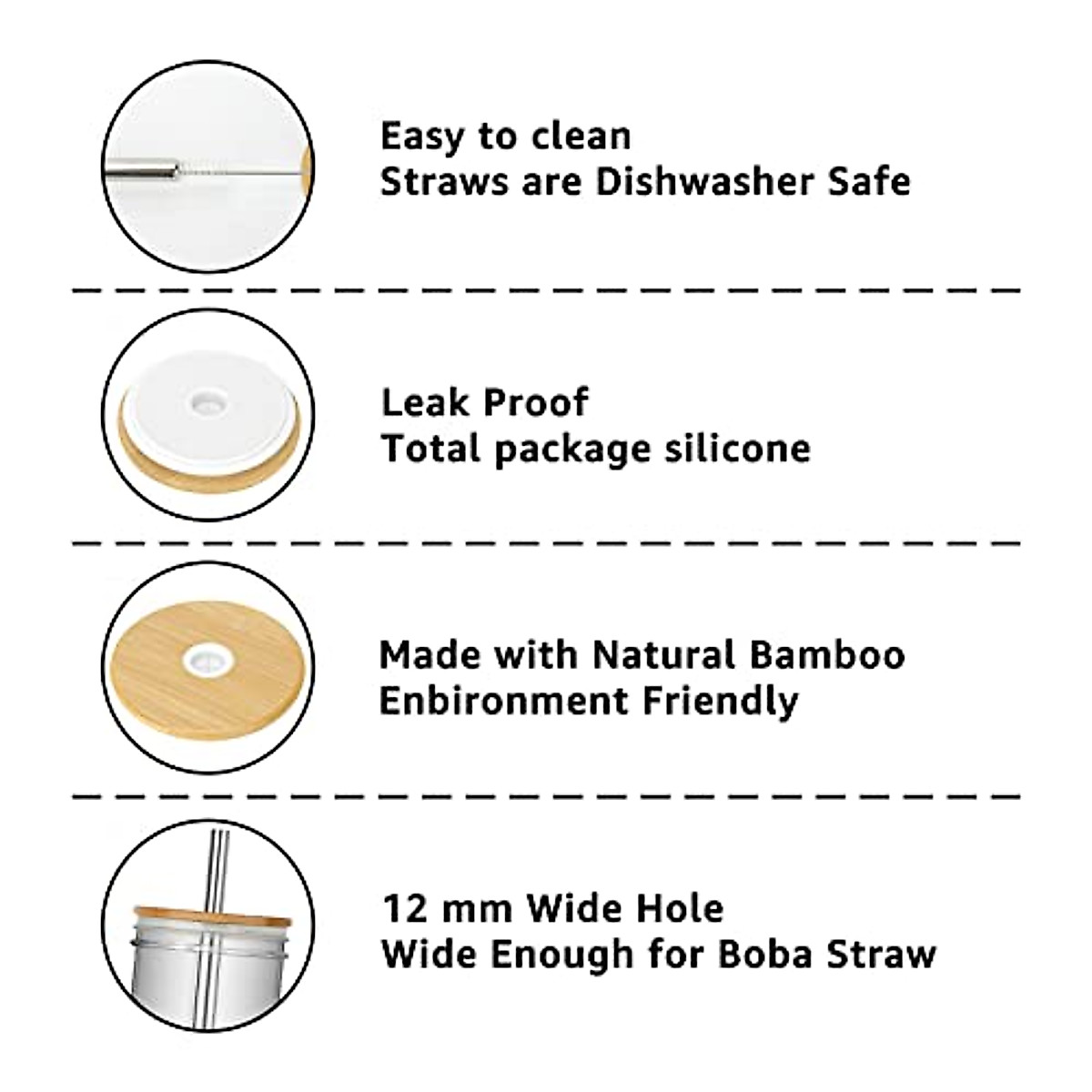 Tronco Bamboo Lids with Stainless Steel Straws, 2 Reusable Lids for Wide Mouth Tumblers, Includes 2 Straws and 1 Straw Brush