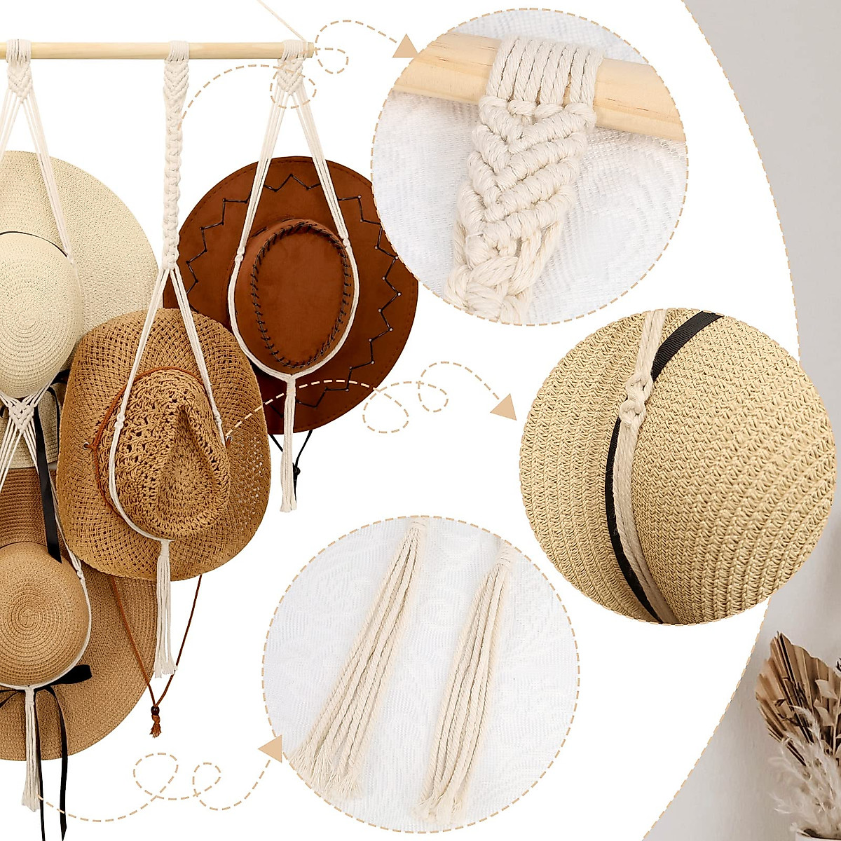 ZYP Macrame Hat Hangers Boho Hat Rack for Wall Hat Holder Display Organizer Bobo Hanging Hat Organizer Storage for Wide Brim Hats