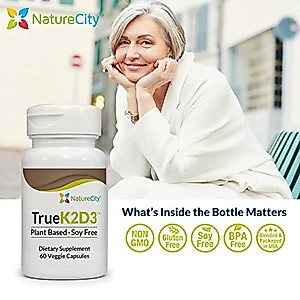 NatureCity TrueK2D3 Bone and Heart Health Formula - Plant Based 90mcg of Vitamin K2 (MK7) & 62.5mcg of Vitamin D3 60 Veggie Capsules