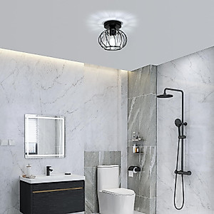 DELIPOP Semi Flush Mount Ceiling Light, Dimmable Small Metal Cage Hallway Light Fixtures Ceiling Lamps, Farmhouse Ceiling Light Fixture, Industrial Crystal Chandelier for Corridor Bathroom Kitchen