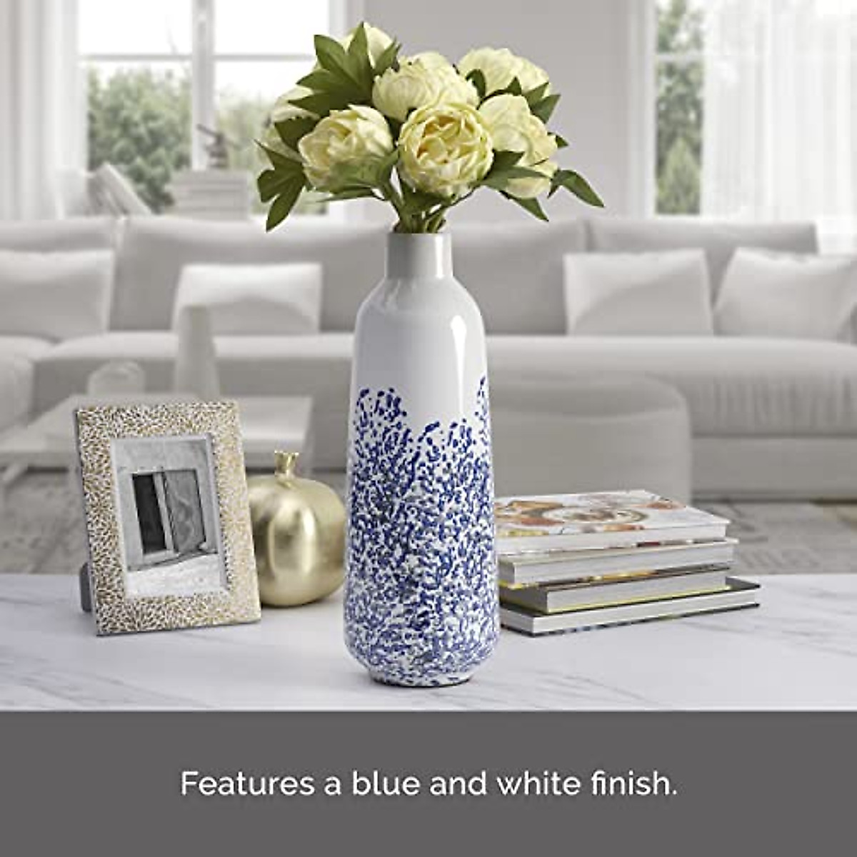 Scott Living Blue and White Ceramic Vase, for Use with Faux or Dried Flowers, 4.92x4.92x14.96 Inch