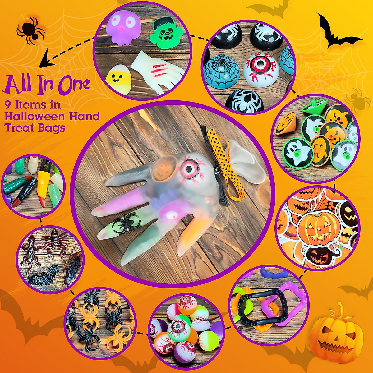 LINAYE 220PCS Halloween Party Favors for Kids, Non-Candy Halloween Treats Bulk, Halloween Gloves Stuffed Halloween Toys Bulk for Kids, Halloween Treat Goodie Bag Fillers Stuffers for Kids