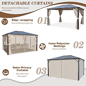 EROMMY 10' x 12' Gazebo Single Polycarbonate Roof Canopy Outdoor Aluminum Frame Permanent Pergolas with Netting and Curtains for Patio Backyard Garden Lawns Parties