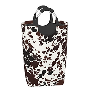 MIFSOIAVV Cowhide Brown Milk Cow Print Large Laundry Basket Collapsible Organizer Bin Animal Cowhide Skin Pattern Laundry Hamper with Handles Durable Washing Bin Dirty Basket for Nursery Clothes Toys