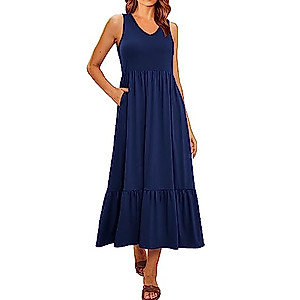 LILLUSORY Women's Summer Sleeveless V Neck Flowy Swing Dresses Casual Tiered Long Maxi Dress with Pockets Navy Blue