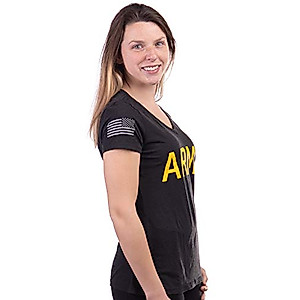 Army Women's V-Neck | U.S. Military Infantry Sleeve Flag Female Soldier T-Shirt Wife Mom Top, Black-(VneckBLK,L)