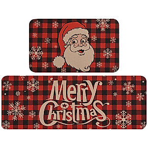 Yinhua Christmas Kitchen Rugs and Mats, Non Skid Red and Black Plaid Washable Kitchen Mats for Floor, Santa Claus Absorbent Kitchen Mats for Kitchen Floor Xmas Decor Gift 17x30 and 17x47 Inch