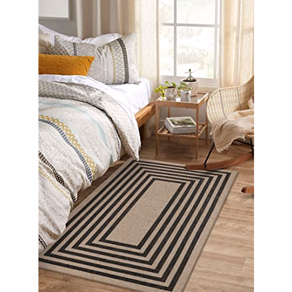 Lahome Modern Geometric Easy Jute Rug, Black 3x5 Kitchen Rug Washable Area Rug for Bedroom Thin Non Slip Indoor Door Mat, Farmhouse Laundry Room Rug Contemporary Carpet for Office Outdoor Patio