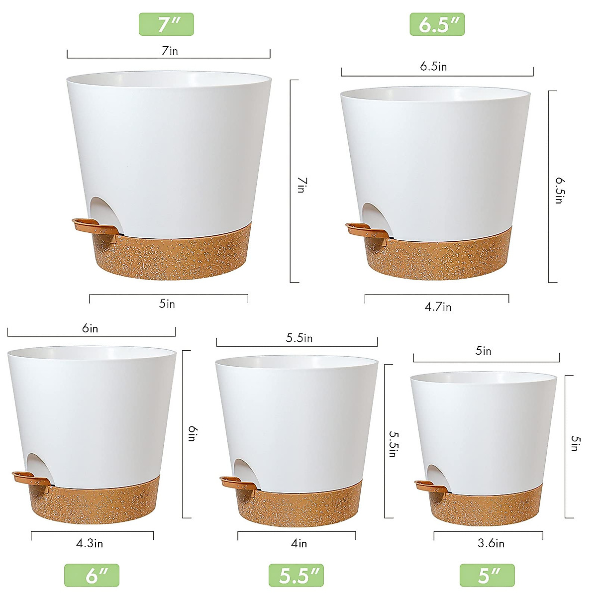 WOUSIWER Plant Pots, 7/6.5/6/5.5/5 Self Watering Plastic Planters with Deep Reservior and High Drainage Holes for Indoor Outdoor Flowers Plants, White with Terracotta