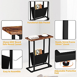 Narrow Side Table for Small Spaces, Small End Table with Magazine Holder Table, Skinny Slim Little Thin Table for Living Room, Bedroom, Sofa, Rustic Brown