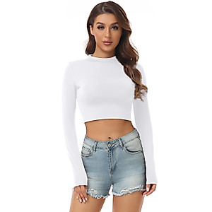 AUHEGN Women's Crop Topss Mock Turtleneck Long Sleeve Lightweight Base Layer Shirts White X-Large