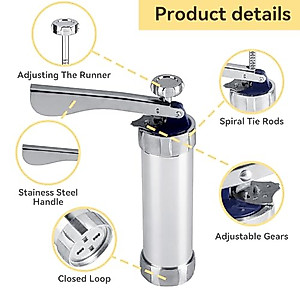 Cookie Press, Stainless Steel Churro Maker Machine Biscuit Press Cookie Gun Set with 20 Decorative Molds and 4 Nozzles for DIY Biscuit Maker 8.27 x 6.10in Cookie Press Machine Cookie Press Gun