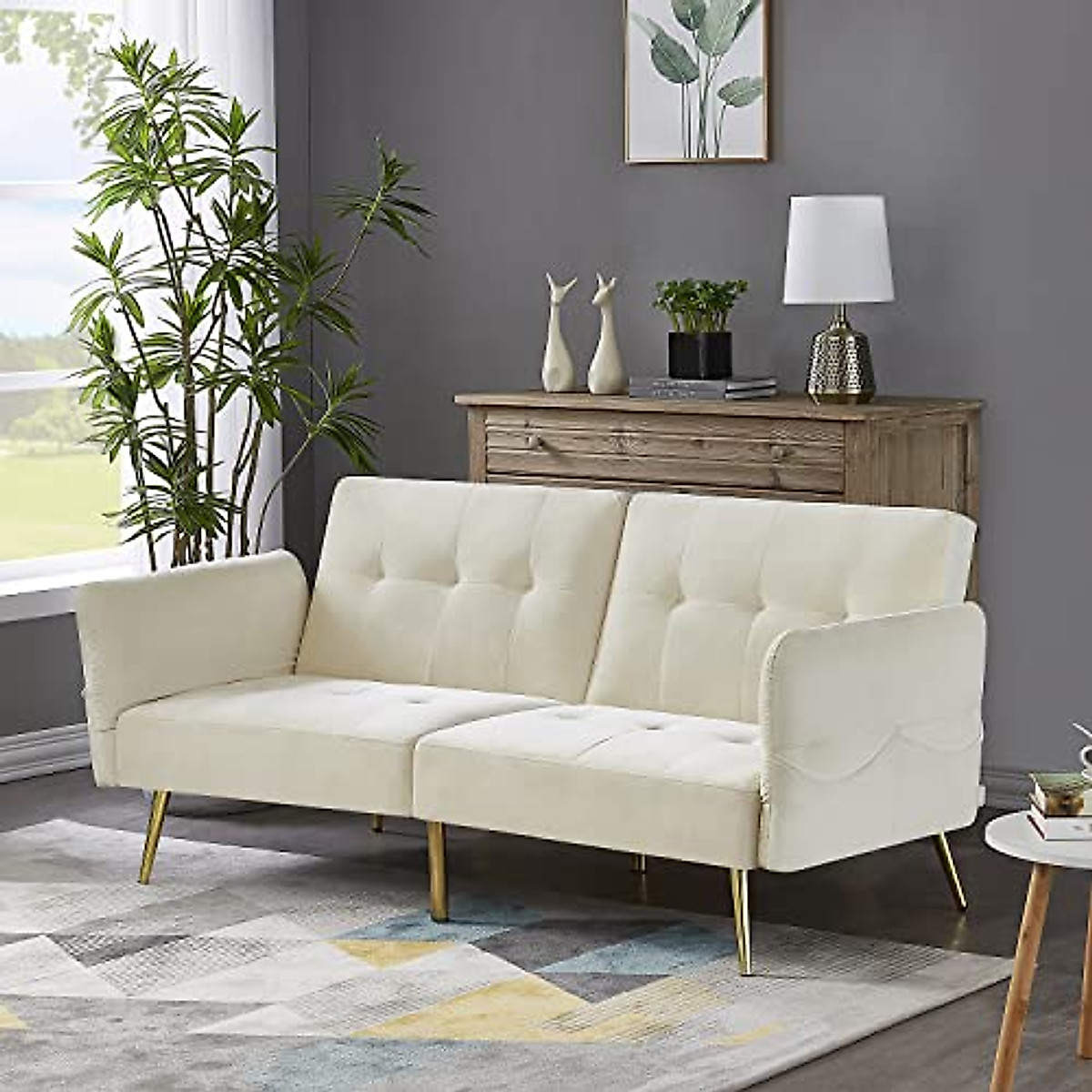 Majnesvon Modern Sofa Bed with Convertible Backrest, Convertible Armrests and Storage Pocket for Living Room, Bedroom, Office, Velvet Material (Beige)