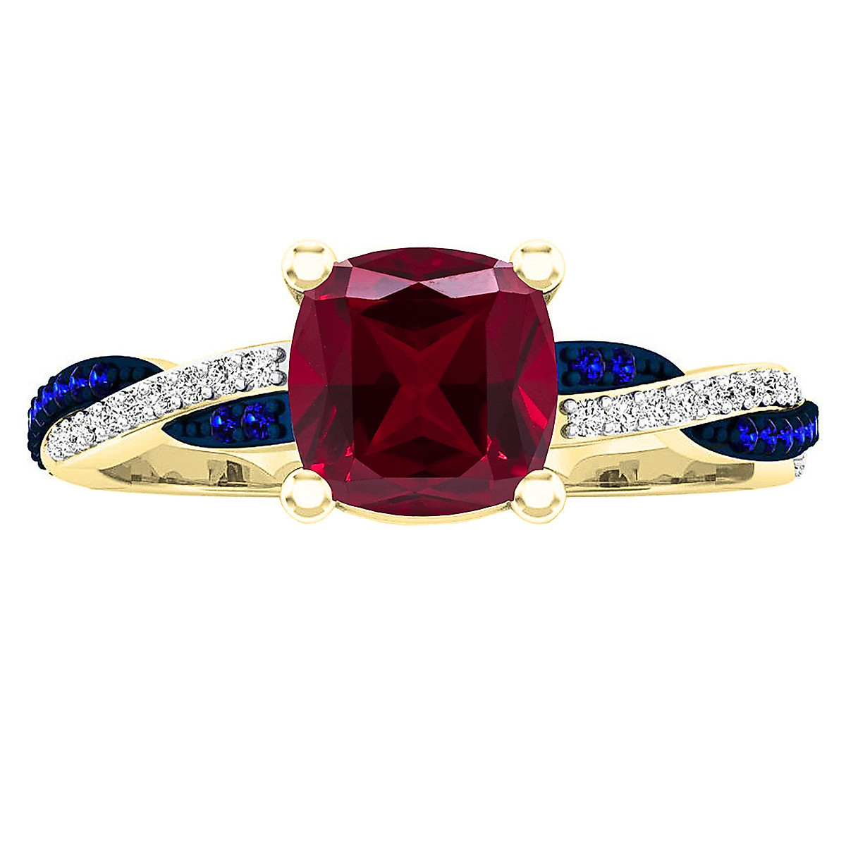 Dazzlingrock Collection 6 MM Cushion Lab Created Ruby with Round Blue Sapphire & Diamond Women Engagement Ring | 10K Yellow Gold, Size 9.5