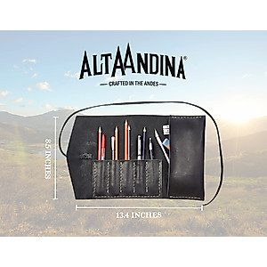 Alta Andina Leather Pen & Pencil Case | Vegetable Tanned Leather Roll Up | 5 Slots & Pouch for Pens, Brushes | Art, Stationary, & Makeup Organizer (Black – Noche)