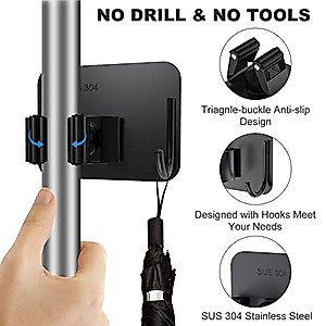Drek Crek Mop Broom Holder Wall Mounted Heavy Duty No Drill, Adhesive Mop Broom Organizer, 304 Stainless Steel Mop Hanger Wall Mount Stick on w Hooks for Bathroom,Kitchen,Closet,Garage,Garden, 4PCS