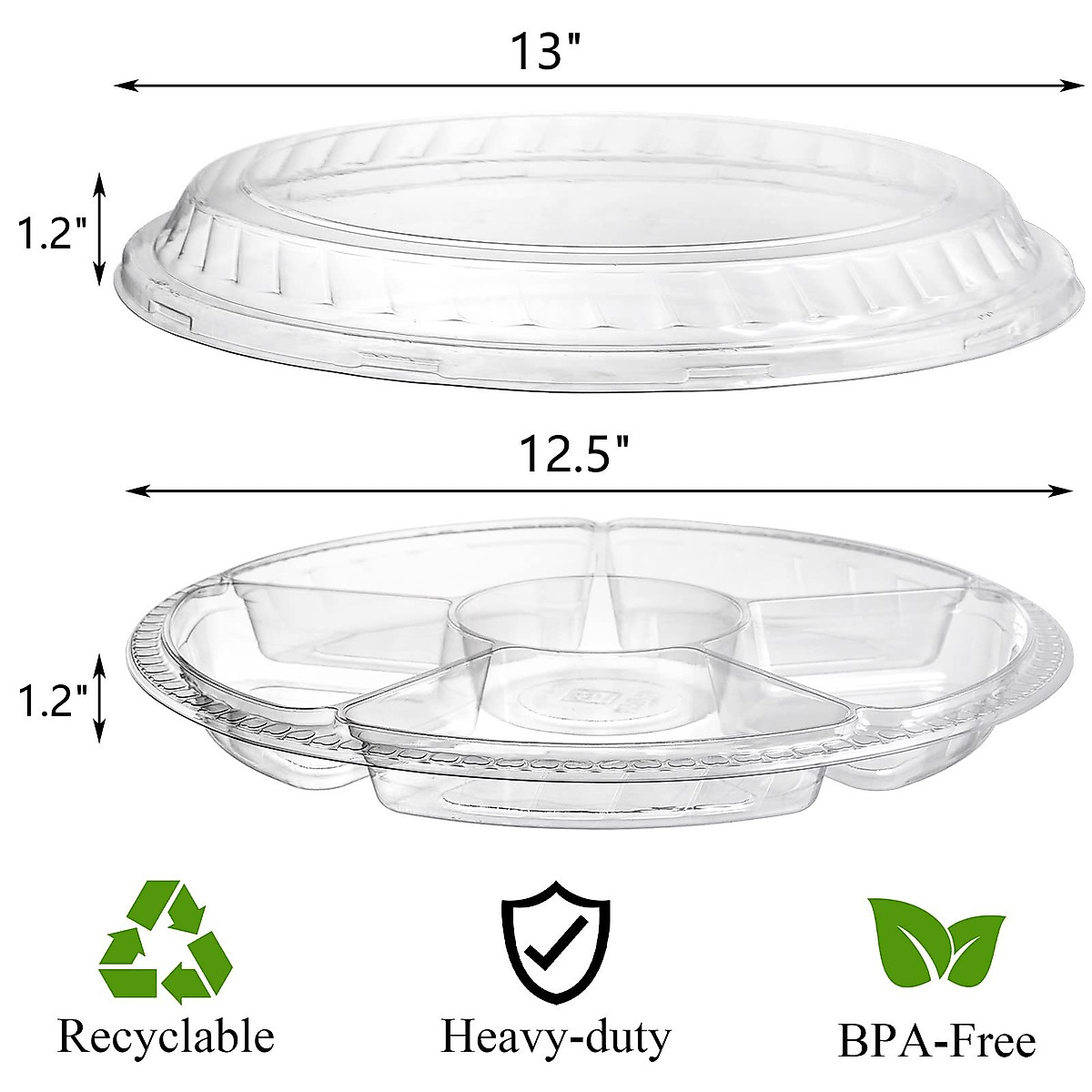 Lawei 30 Pack 12.5 Inch Plastic Appetizer Tray with Lid, 6 Sectional Round Plastic Serving Tray, PET Food Serving Dip Platter, Disposable Fruit Vegetable Trays Storage Containers for Party Buffet