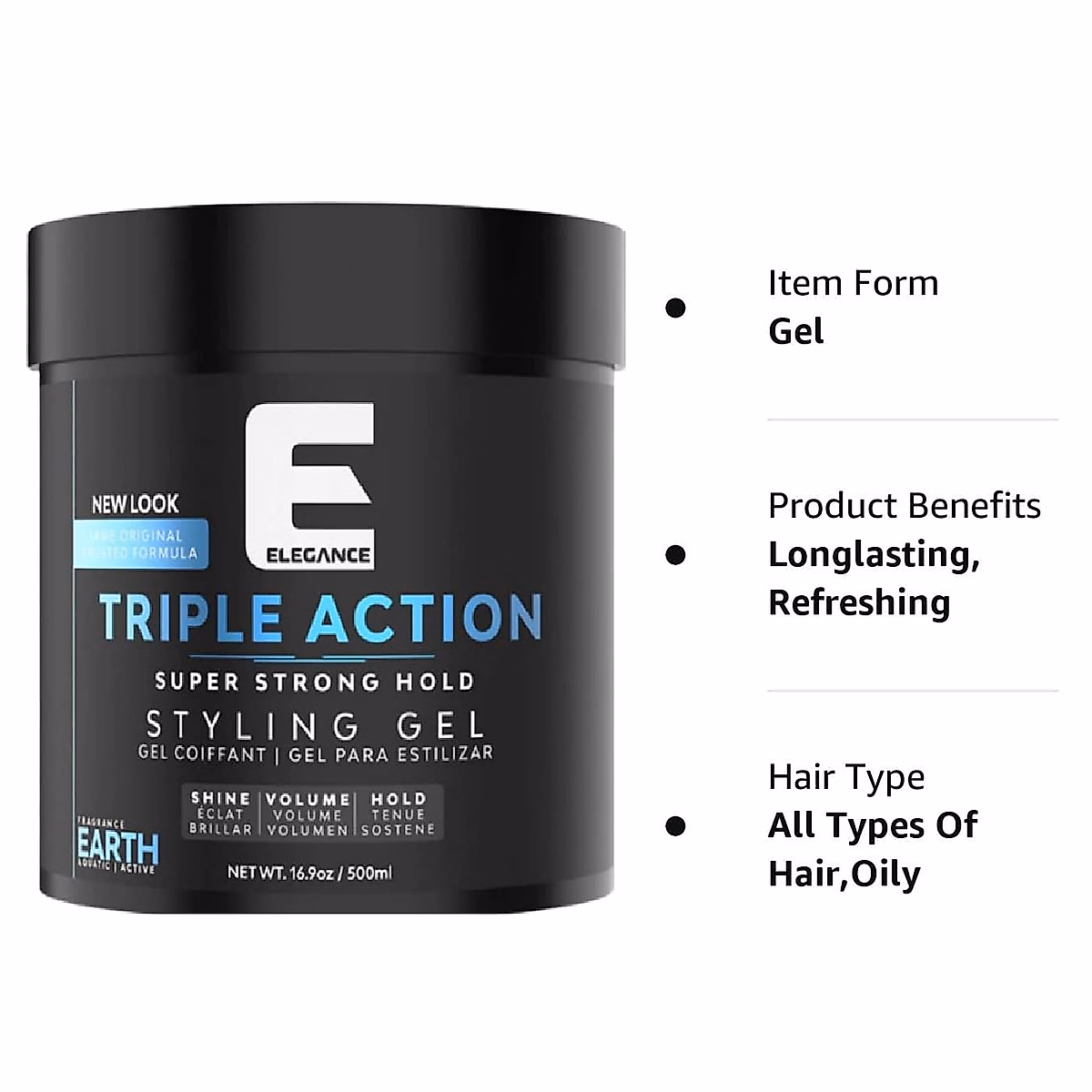 E Elegance Earth Fragrance Triple Action Hair Gel for Men And Women - Super Strong Hold, Extreme Volume, And Long Lasting Shine - Flake Free And Refreshing Fragrance - All Hair Types, 16.9 oz