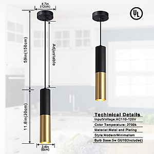 Omgomne Modern Pendant Light Fixture for Kitchen Island,1-Light Black Gold Pendant Lighting Ceiling Hanging Light Cord Adjustable for Living Room Bedroom Bar (1 Pack)