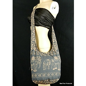BTP! Elephant Sling Crossbody Shoulder Bag Purse Hippie Hobo Thai Cotton Gypsy Bohemian Small Grey ME6