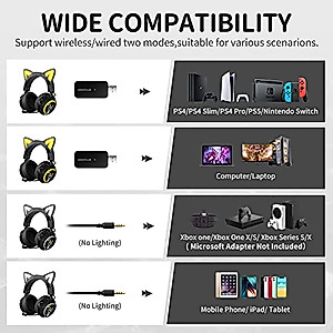 SOMIC GS510 Cat Ear Headset Wireless Gaming Headphones for PS5/ PS4/ PC, Cute Headset 2.4G with Retractable Mic, 7.1 Stereo Sound, 8Hrs Playtime, RGB Lighting (Xbox Only Work in Wired Mode)