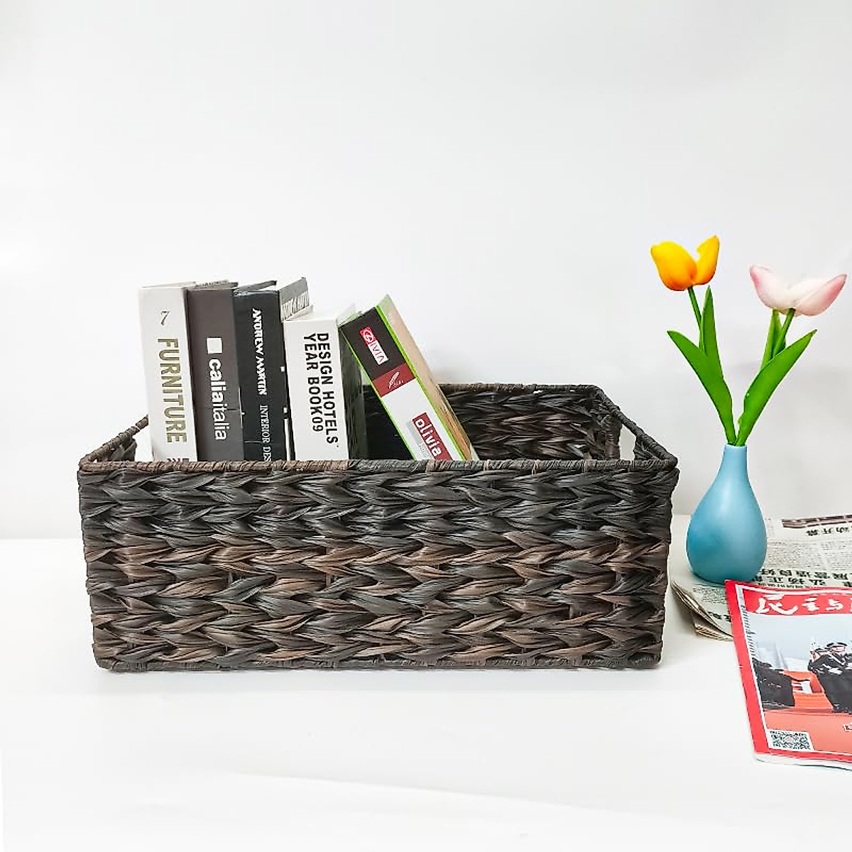 Wicker Storage Basket, Plastic Large Wicker Basket with Handles, Waterproof Woven Basket for Storage, Wicker Baskets for Organizing, Pantry Baskets-1 Pack